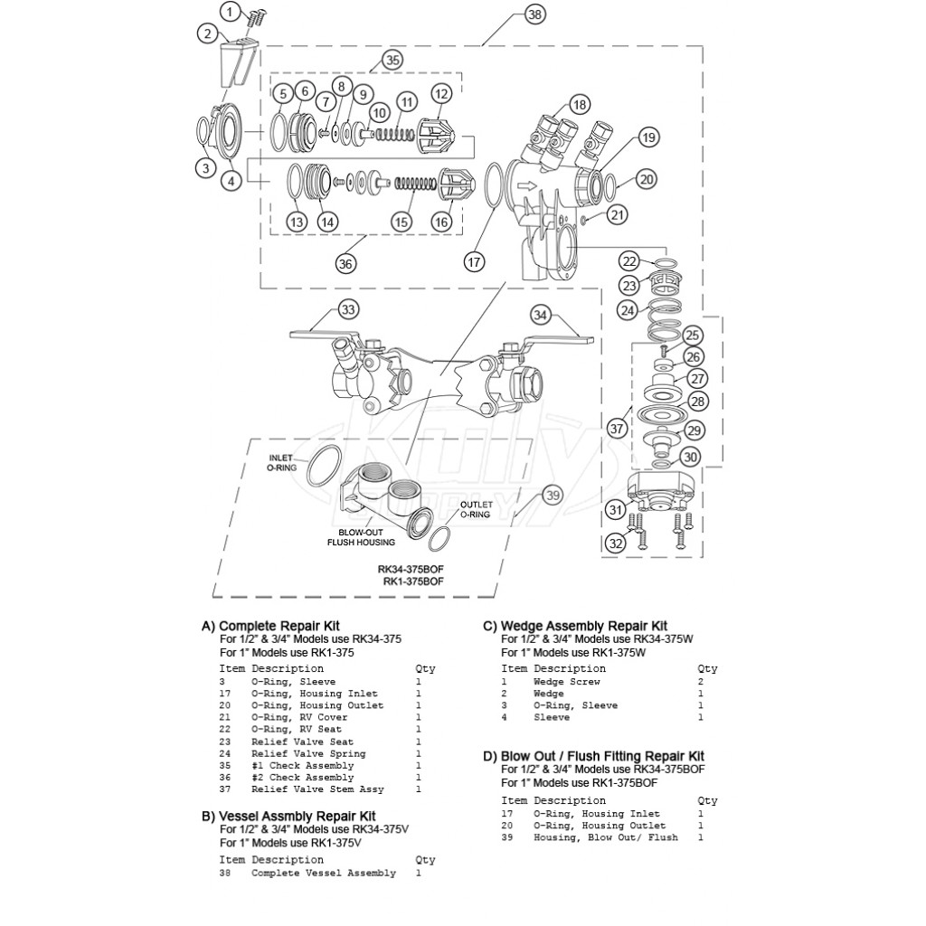 Wilkins 375XL - 1/2", 3/4" & 1" Models Parts Breakdown | KullySupply.com