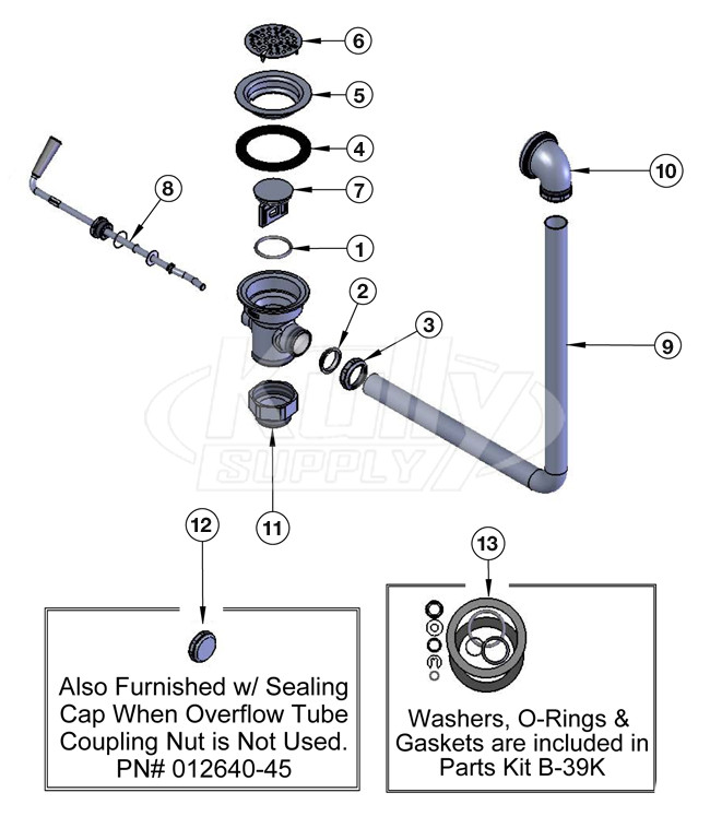 T&S Brass Twist Waste w/ Overflow Parts Breakdown | KullySupply.com